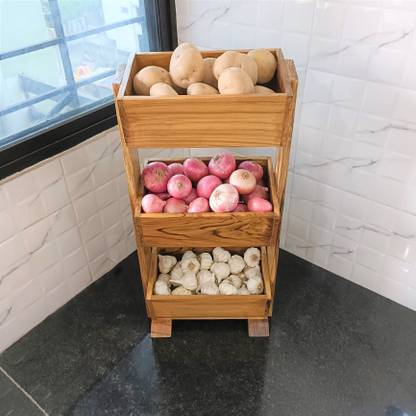 TEAKWOODKART Fruits/Vegetables Kitchen Rack Wood 3 Tired Teakwood ...