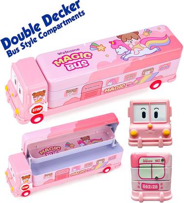 Plus Shine Pencil Box with Wheel Tyres&Sharpner Double Compartment Bus ...