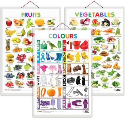 GO WOO Pack of 3 Fruits, Vegetables and Colours Educational charts ...