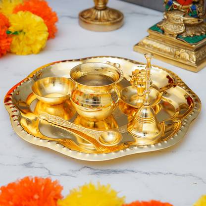 StatueStudio Brass Pooja Thali Set With Diya and Other Accessories ...