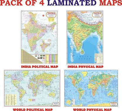 World Map & India Map ( Both Political & Physical ) | LAMINATED Combo of 4 Maps | Printed on ...