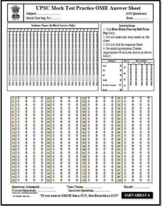 UPSC Mock Test Practice OMR Answer Sheet (101) EACH Of 100 QUESTIONS ...
