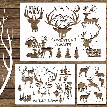 IVANA'S 3 Pieces Forest Deer Mountain Stencil Reusable Animal Painting ...