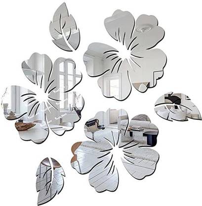 Bikri Kendra Flower and Leaf Silver Wall Mirrors Stickers for Hall ...