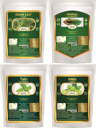 biotic Neem Leaf, Moringa Leaf, Tulsi Leaf and Amla Powder - 400g (100g ...