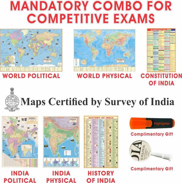 (COMBO OF 6 MAPS/CHARTS WITH COMPLIMENTARY HIGHLIGHTER & MAGNIFYING GLASS) INDIAN Constitution ...