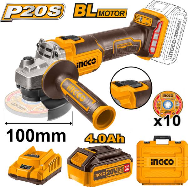 INGCO 20V Cordless Angle Grinder Brushless, 3-Speed,4" Disc, 4.0Ah ...