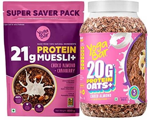Yogabar 20g High Protein Oats & 21g High Protein Muesli 850g Jar ...