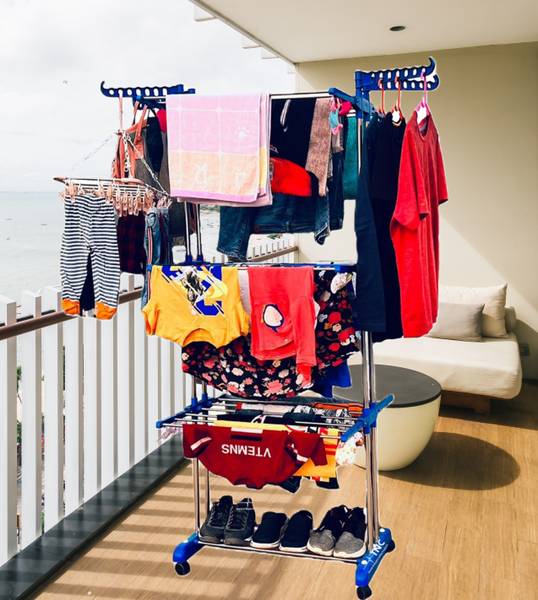 TNC Steel, Plastic Floor Cloth Dryer Stand DOUBLE POLL THREE TIER CLOTH ...