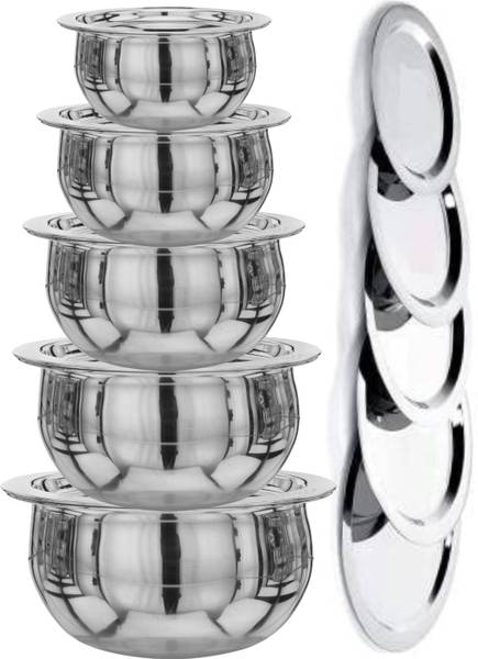 LIMETRO STEEL t of 5 Flat Base Handi with Lid / Urli Set / Steel ...