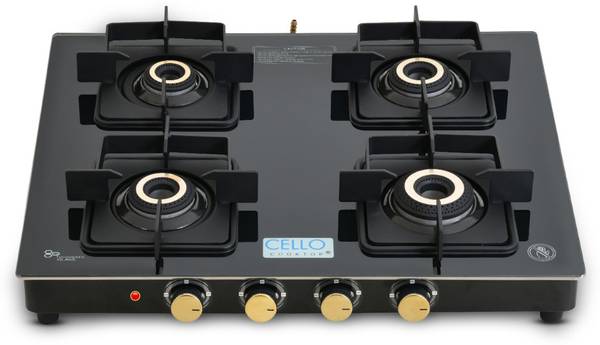 CELLO Black Pearl 4 Burner Toughened Glass Top Gas Stove, Brass Burners ...