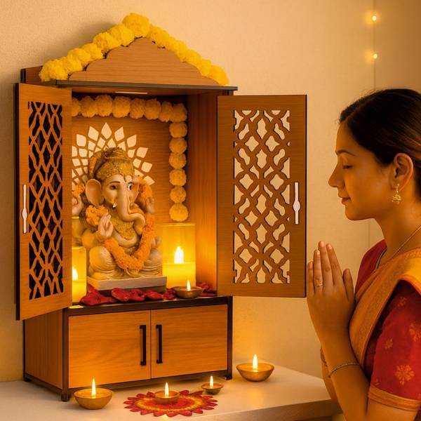 Chitraksh Premium Wooden Pooja Mandir with Doors & Storage | Engineered ...