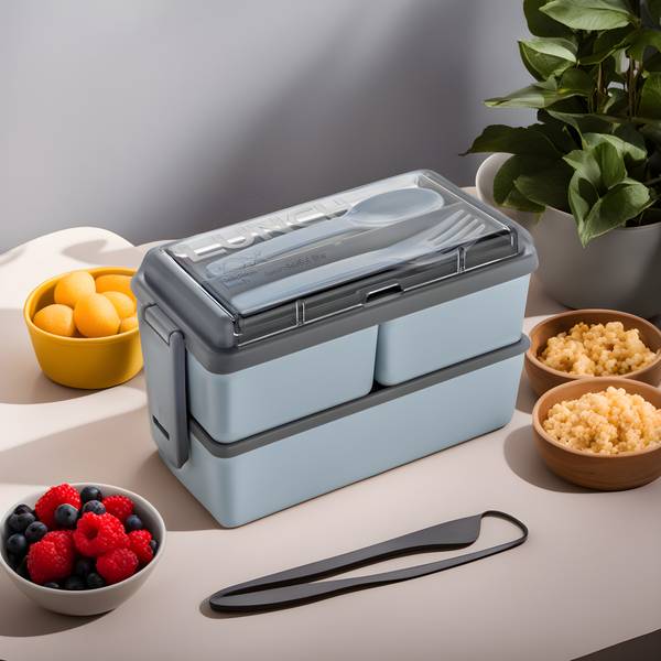 Porslin 3 Compartment Grey Color Lunch Box with Spoon and Fork Office ...