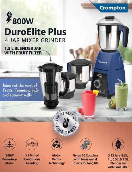 Crompton DURO ELITE PLUS 800 Mixer Grinder (4 Jars, Blue) - Price History