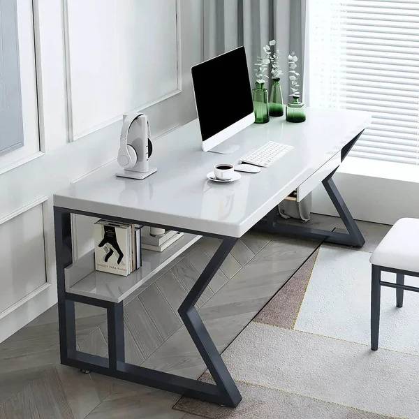 KDINTERIORS White Rectangular Writing Desk Computer Desk with Shelf ...