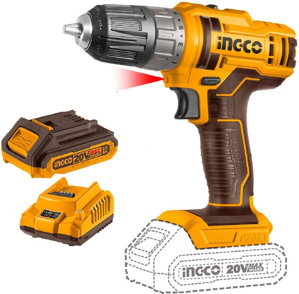 INGCO Lithium-Ion Cordless Drill, 20V INGCO Power Tools, with 1pcs 2.0Ah Battery and Charger ...