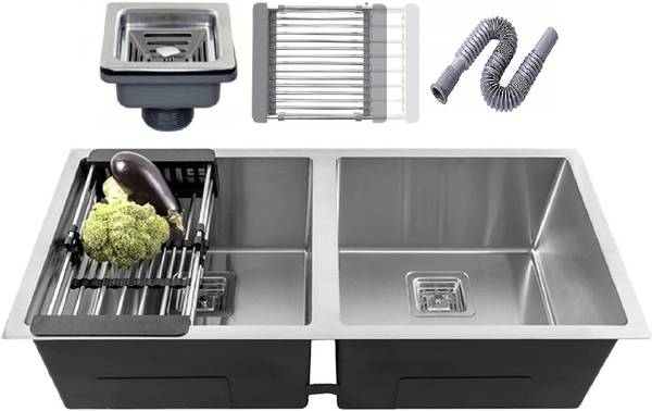 MIGSA 37" X 18" X 10" Handmade Kitchen Sink Double Bowl Stainless Steel Matt Finish F_123 Under ...