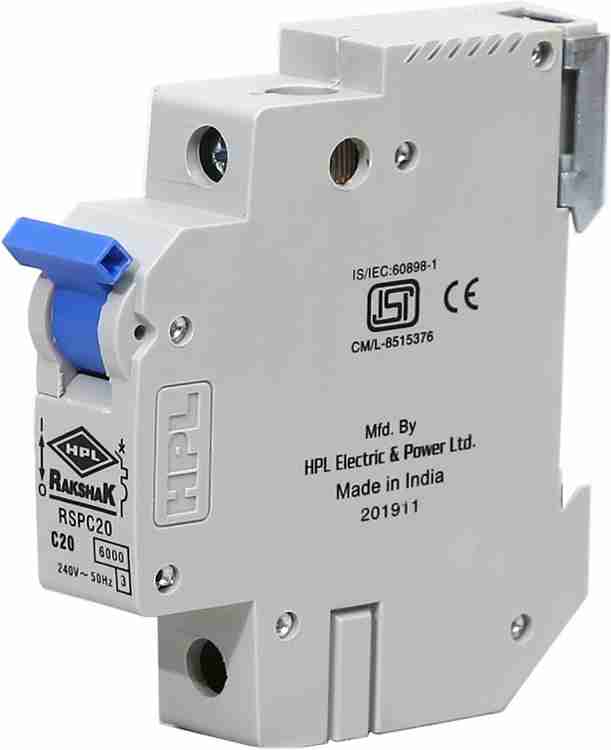 HPL RakshakPolycarbonate 20A Single Pole 6KA C Curve MCB (Miniature Circuit Breaker) White 4 ...