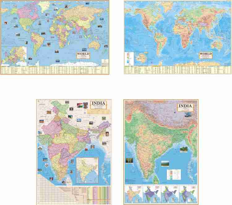 (COMBO OF 4 MAPS INDIA & WORLD ENGLISH MAPS) INDIA & WORLD (Both ...