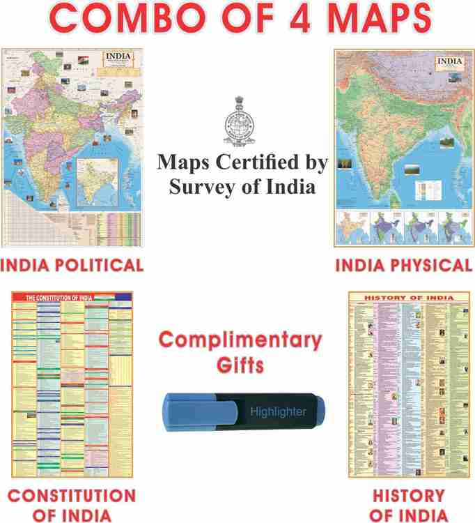 (COMBO OF 4 MAPS/CHARTS AND HIGHLIGHTER) INDIAN Constitution & History ...