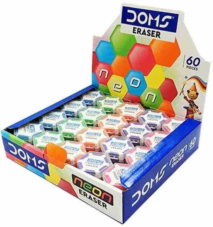 DOMS Neon Hexagonal Eraser with Plastic Box {Pack of 01} 60 pcs Eraser ...