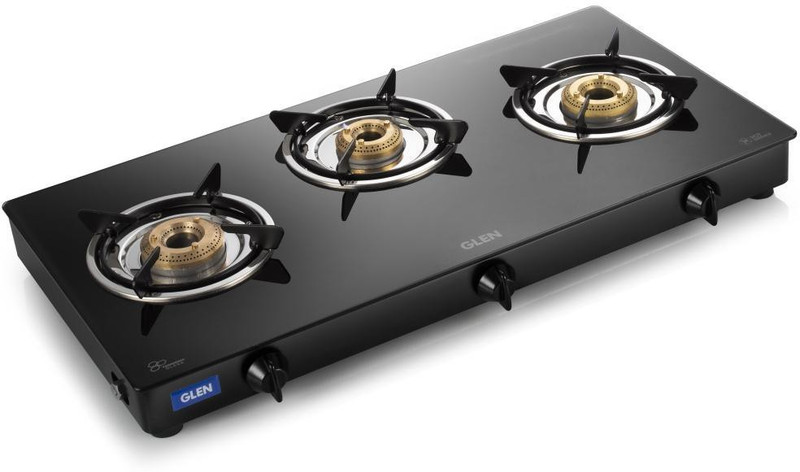 Glen byGLEN 3 Burner Gas Stove 1034 GT Brass Burner Black Glass Manual Stove Price in India ...