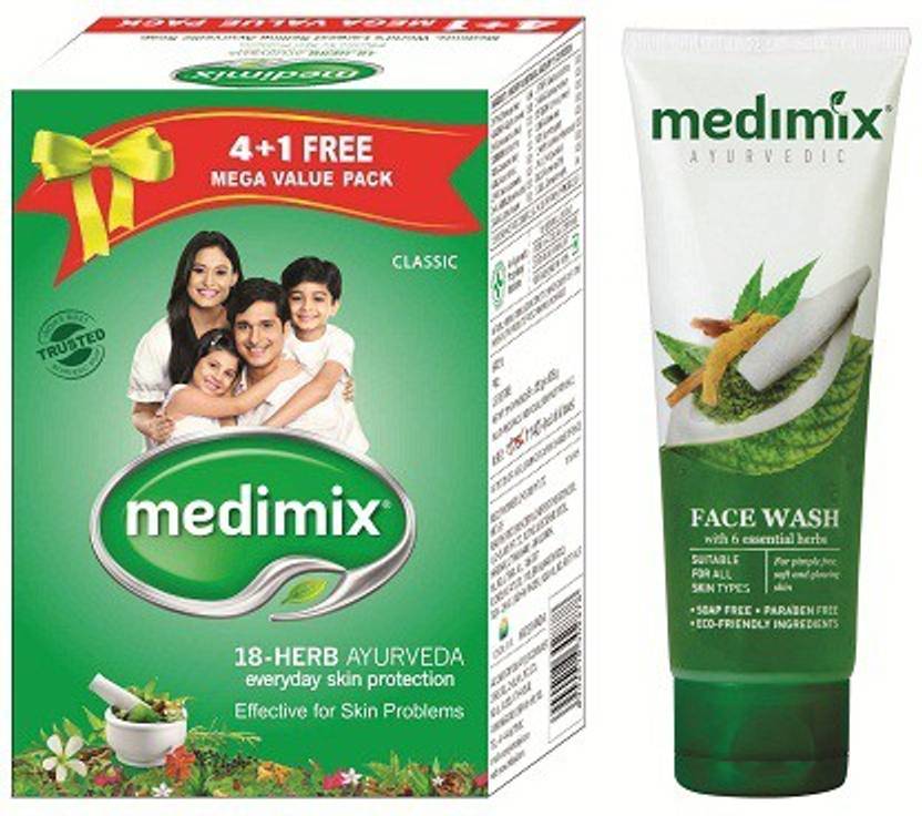 MEDIMIX Classic Ayurvedic 18 Herbs Soap 125 Gm (4+1 Offer Pack) + Face ...