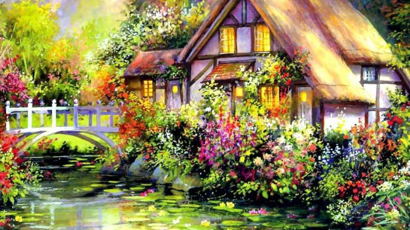 Flower House Colorful Flowers Hut Oil Painting Art Bridge River Paper ...