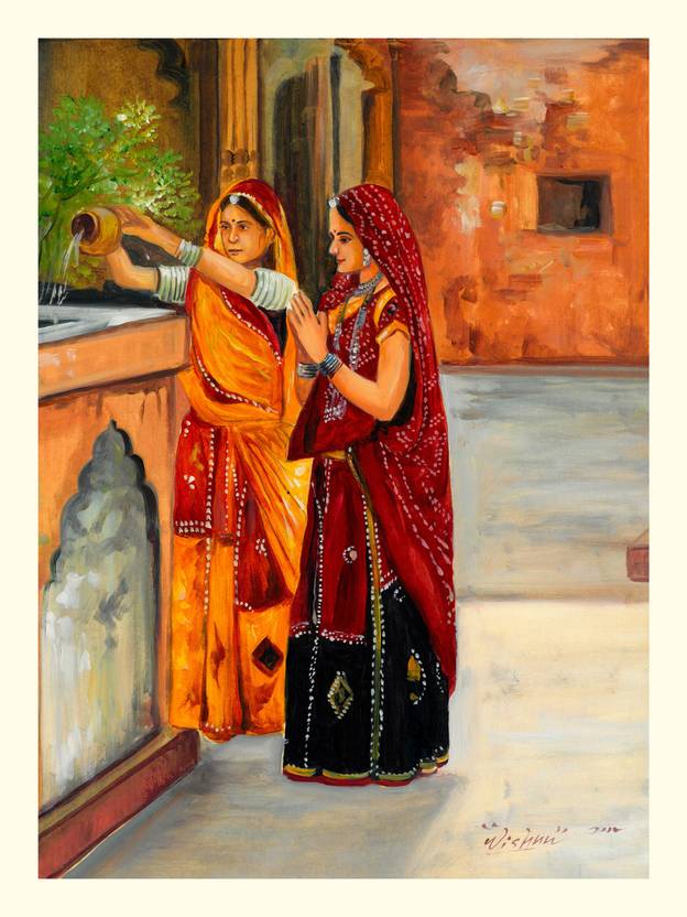 Royal Canvas Art Women Watering Tulsi Canvas 36 inch x 27 inch Painting ...