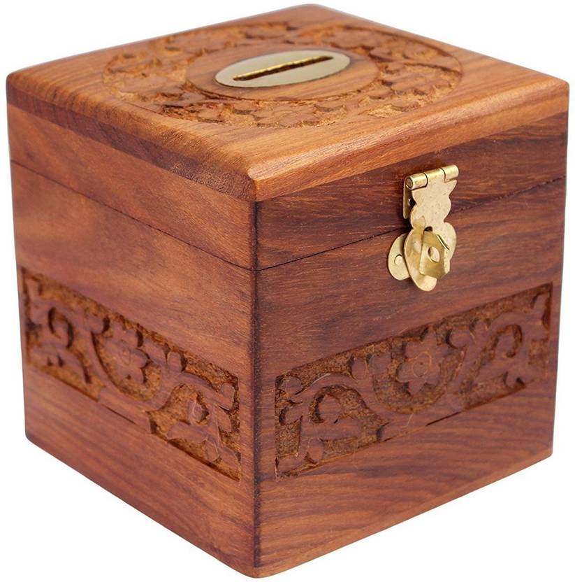 Worthy Shoppee Wooden Coins Storage Box, Money Bank With Carving Work ...