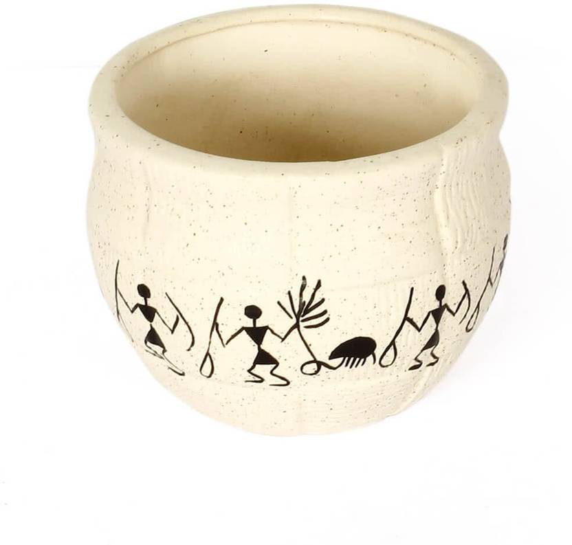 Ugaoo Ceramic Hand Carved Matka Pot - Medium (Bare White With Warli ...
