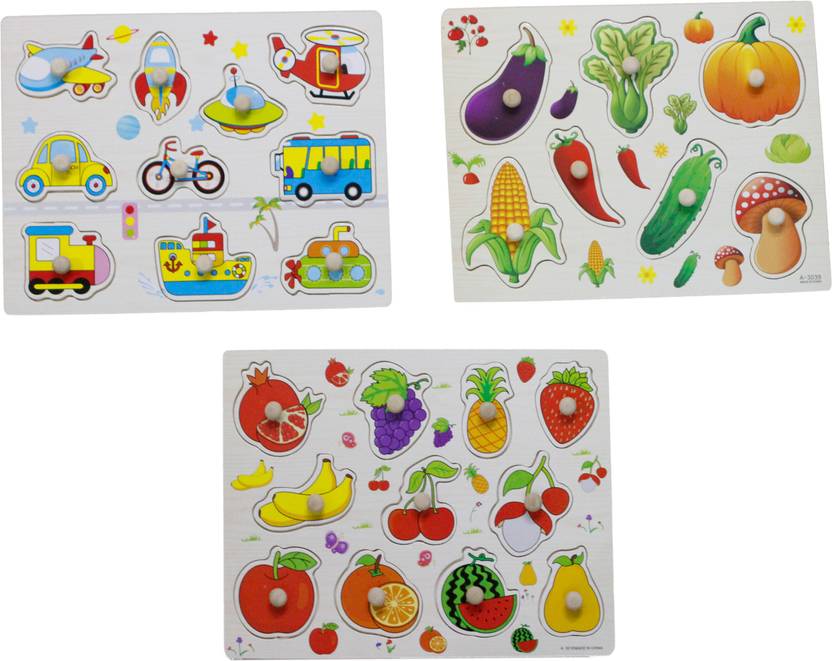 Hnt Kids wooden pegged transport vegetable and fruit inset puzzle ...