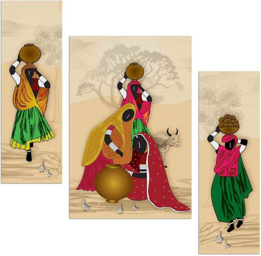 Art Amori Rajasthani Panihari 3 piece MDF Painting Digital Reprint 18 ...