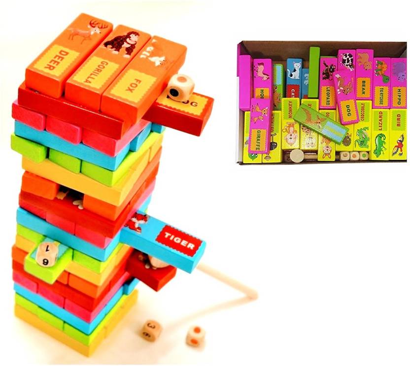 IndusBay 54 Pieces Wooden Stacking Toppling Tower Cartoon Jenga Blocks ...