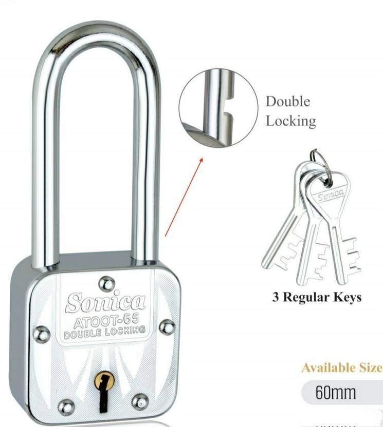 Sonica ATOOT LOCK HARDENED AND LONG SHACKLE 60 MM WITH 3 KEY Padlock ...