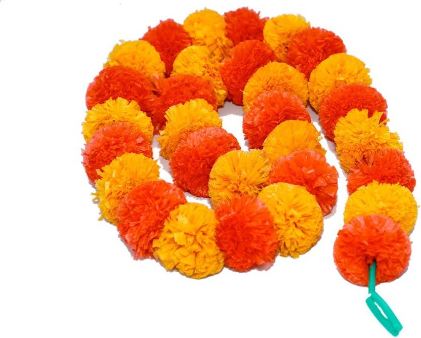 Phool Mala ARTIFICIAL MARIGOLD FLUFFY FLOWERS Orange Plastic Garland ...