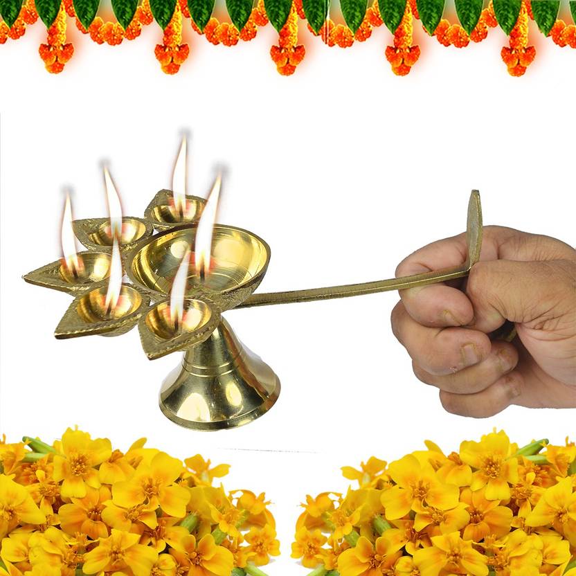 REIKI CRYSTAL PRODUCTS Brass Diya Five 5 Face Aarti Pooja Jyoti Diya ...