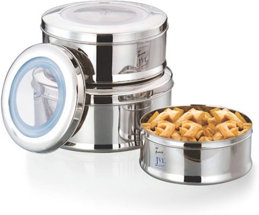 JVL Stainless Steel Kitchen Storage Round Container Poori Roti DabbaTin ...