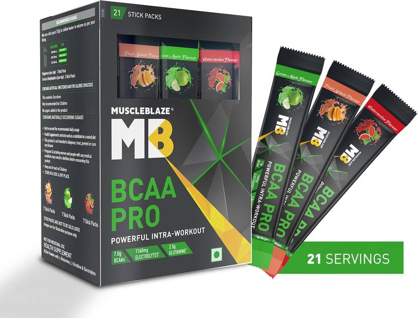 MUSCLEBLAZE BCAA Pro, 21 sachets/pack, Watermelon, Fruit Splash & Green ...