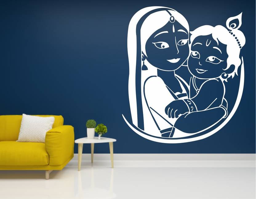 Burhani Décor 84 cm Bal krishna with mata yashoda wall white decal wall ...