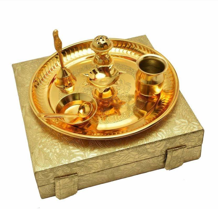 I-Birds Enterprises Gold Plated Puja Thali for Diwali Poojan, Dhanteras ...