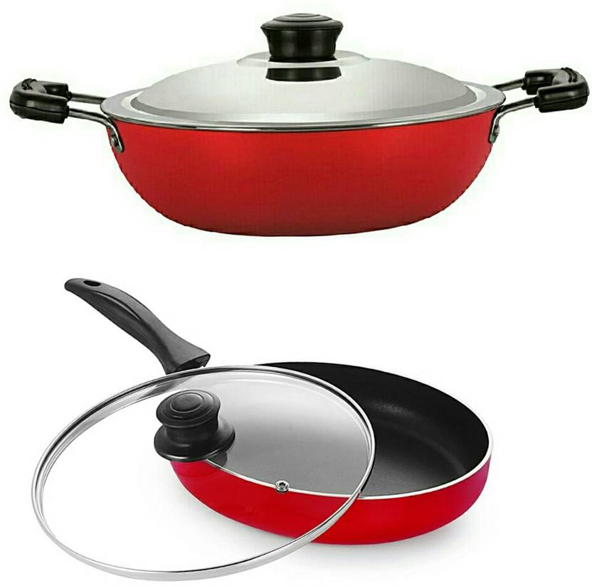 Super Crown Combo of Fry Pan (24 cm) with Glass Lid & Kadhai (24 cm ...