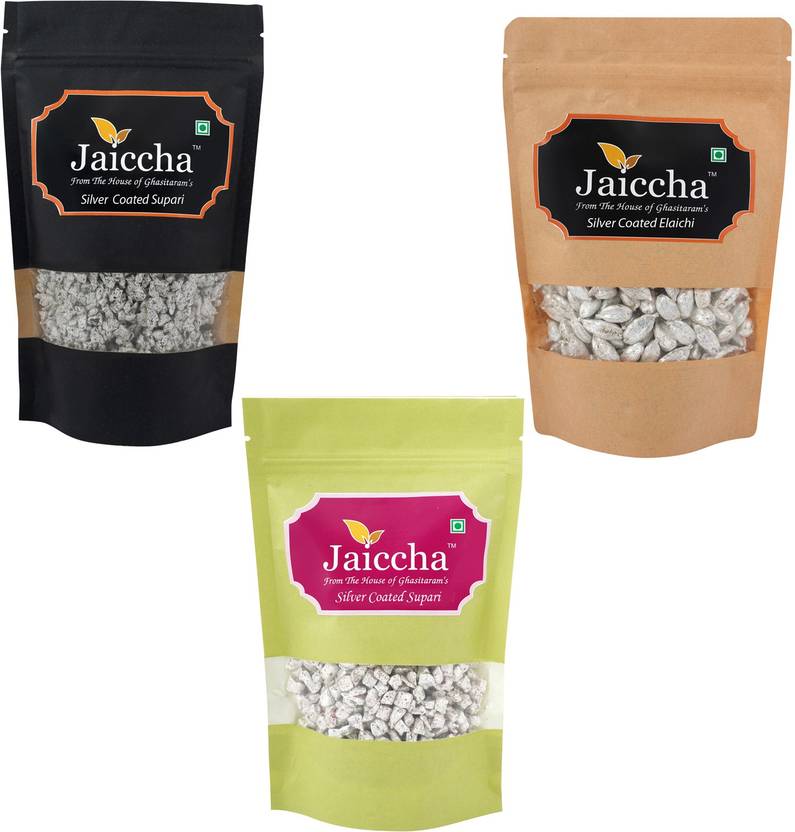 Jaiccha Mukhwas-Pack of 3 silver coated Elaichi, Soft Supari and Silver ...