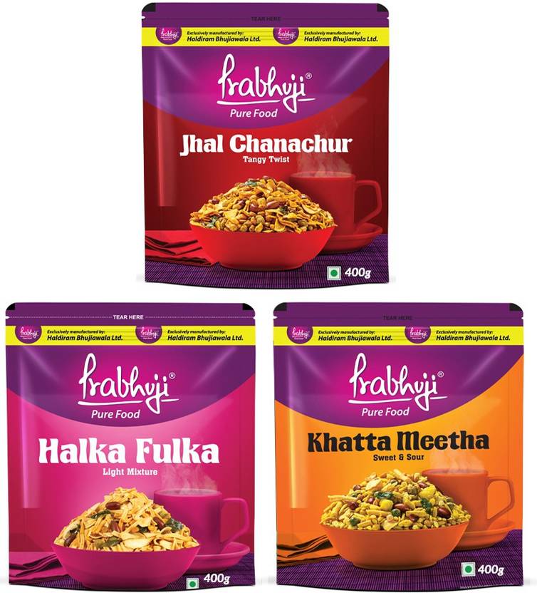 PRABHUJI PURE FOOD BHUJIAWALA HALKA FULKA 400g + JHAL CHANACHUR 400g ...