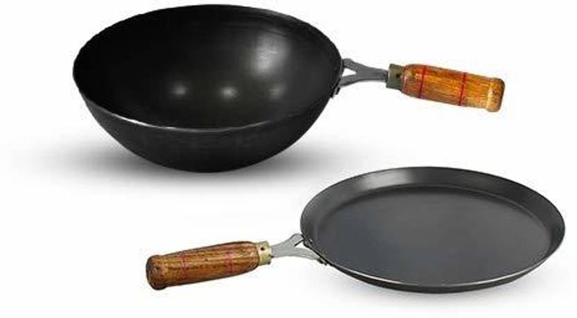 The Indus Valley Pre Seasoned Iron Cookware Set - Wok (10 inch) + Tawa ...