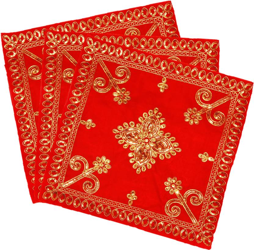 Bhakti Lehar ( 3 Pieces ) Designer Red Velvet Pooja Cloth / Puja Aasan ...