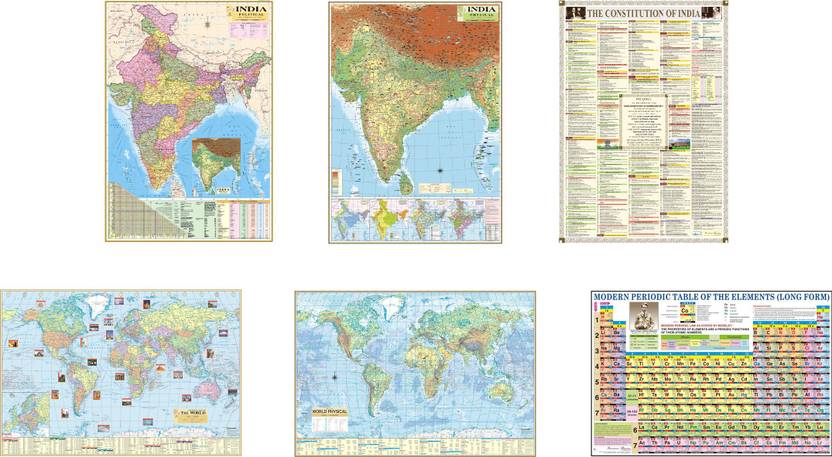 (Pack of 6 Map/Chart) INDIA MAP [POLITICAL + PHYSICAL], WORLD MAP ...