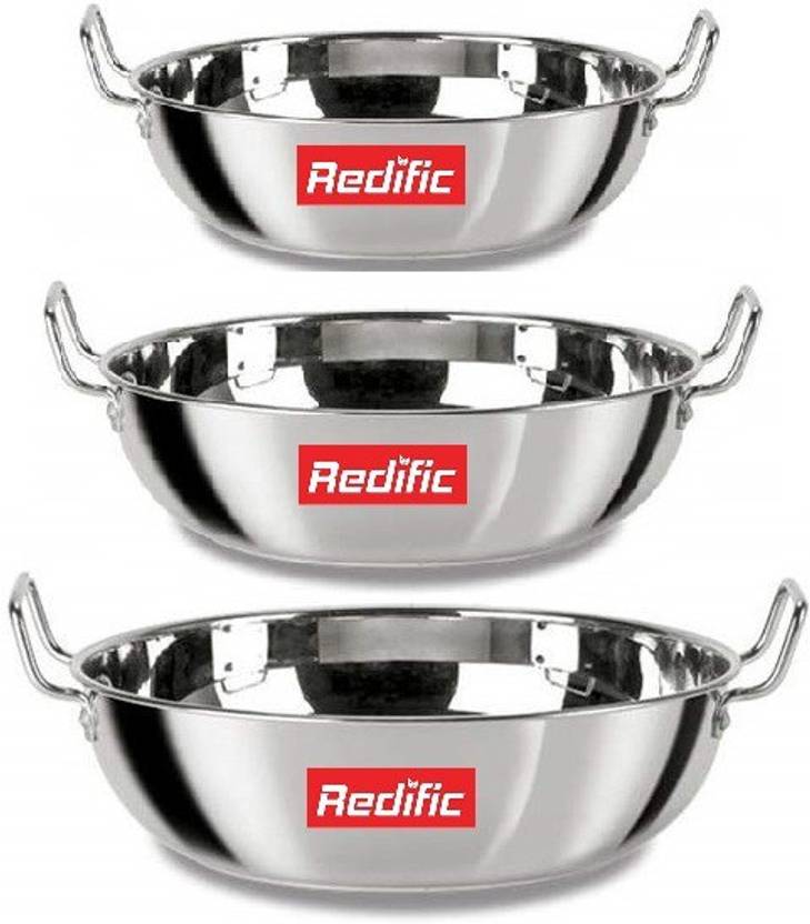 Redific Stainless Steel Kadhai Set of 3 Kadai Pack of 3 22 Gauge Heavy ...
