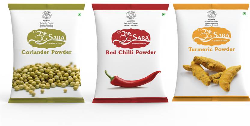 OM SARA Turmeric-100g, Chilli-100g and Coriander-100g Powder Spices Combo (Haldi, Mirchi ...