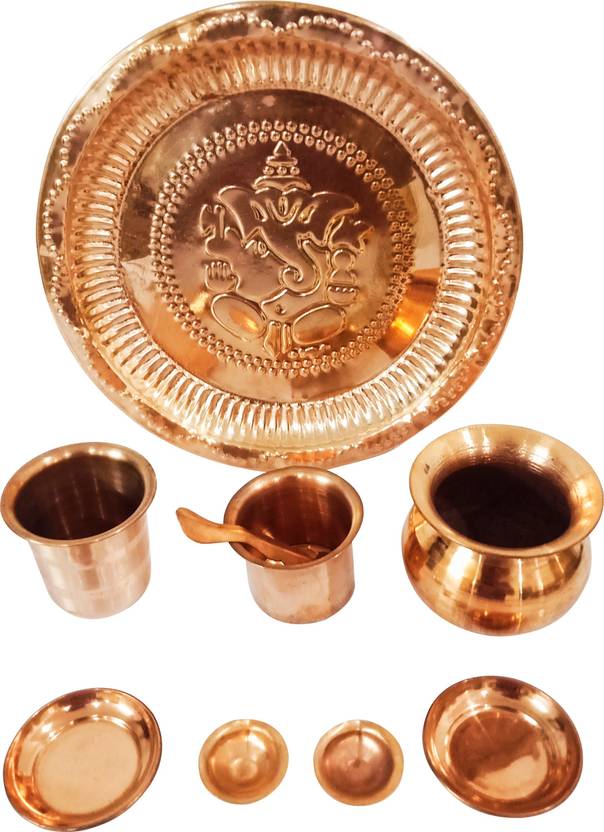POOJA GHAR Copper 9 pieces Pooja Thali Set - 1 Round Plate, 1 Panch ...
